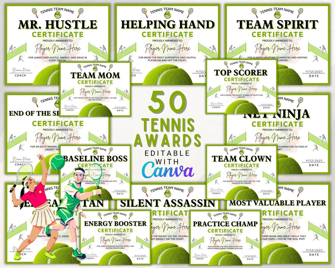Editable Tennis Award Certificate, Tennis Awards, Canva Template, End ...