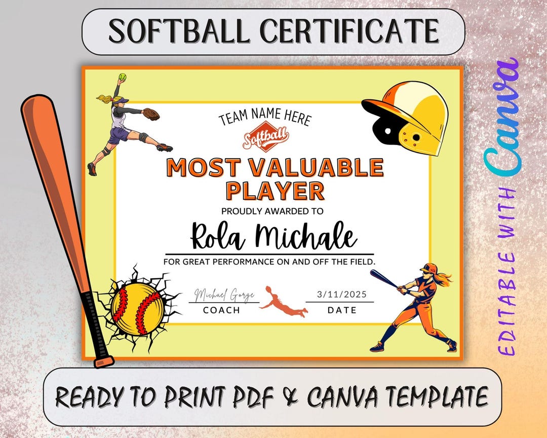 Most Valuable Player Softball Award, Mvp Award Certificate, Canva ...