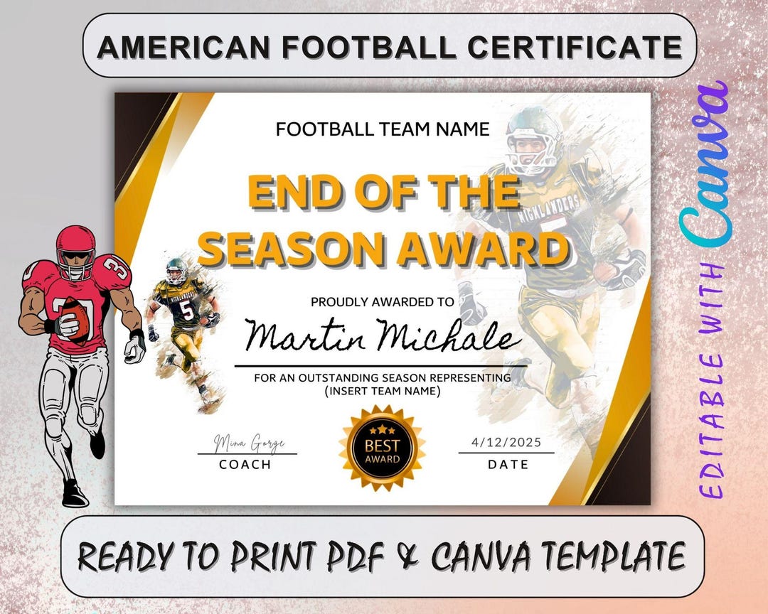 End of Season Football Award Certificate | Editable Canva Template ...