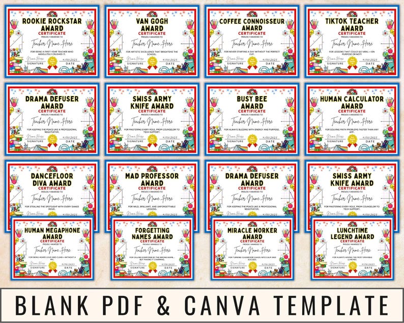 100 Funny Editable Teacher Awards Certificates, Canva Template, Teacher ...