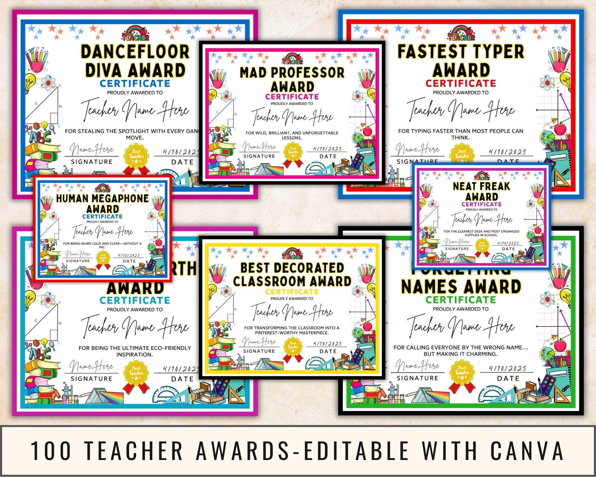 100 Funny Editable Teacher Awards Certificates, Canva Template, Teacher ...