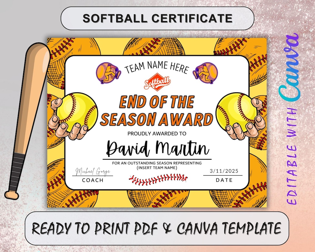 End of Season Softball Award Certificate | Editable Canva Template ...