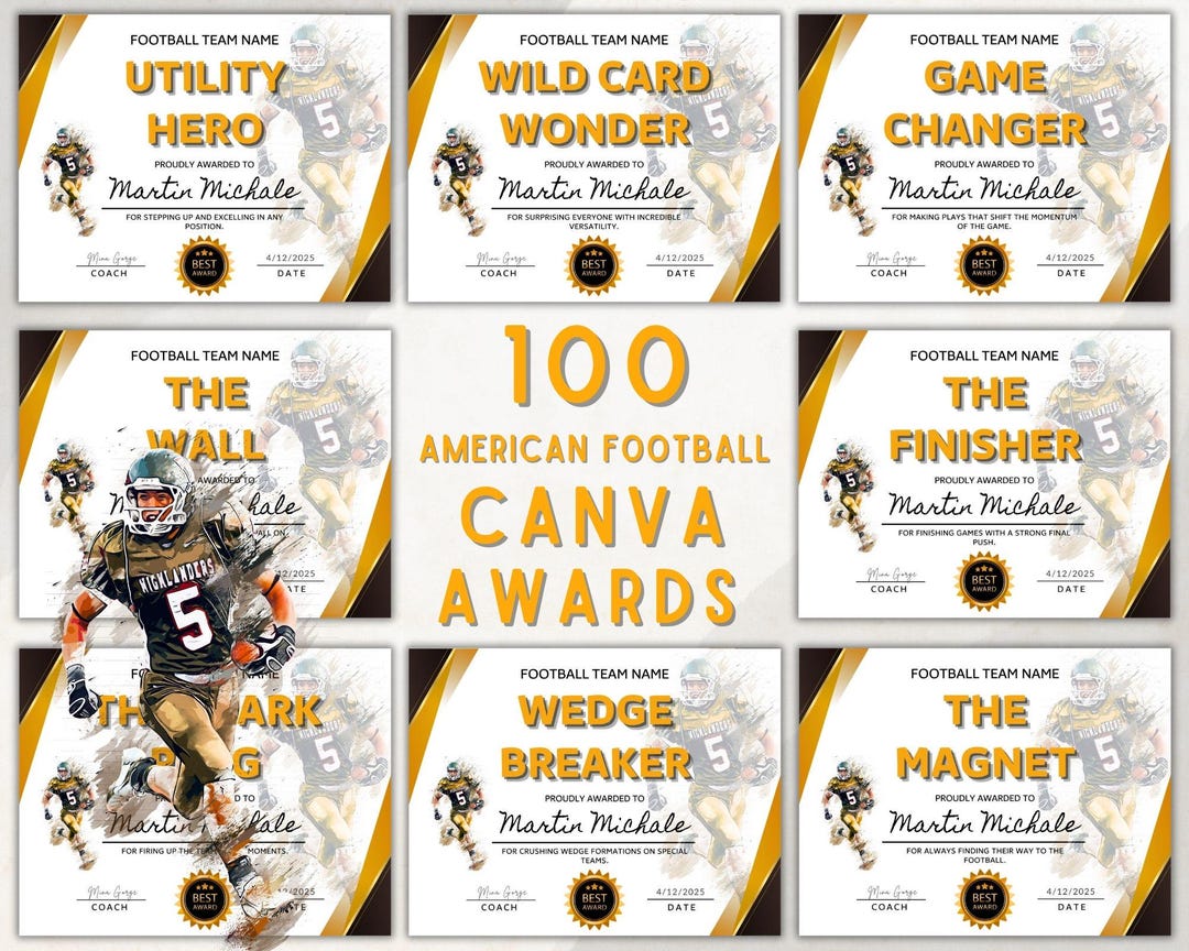 100 Editable Canva Templates | Football Award Certificate Bundle ...