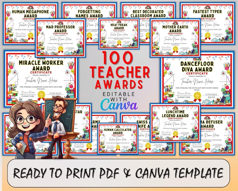 100 Funny Editable Teacher Awards Certificates, Canva Template, Teacher ...