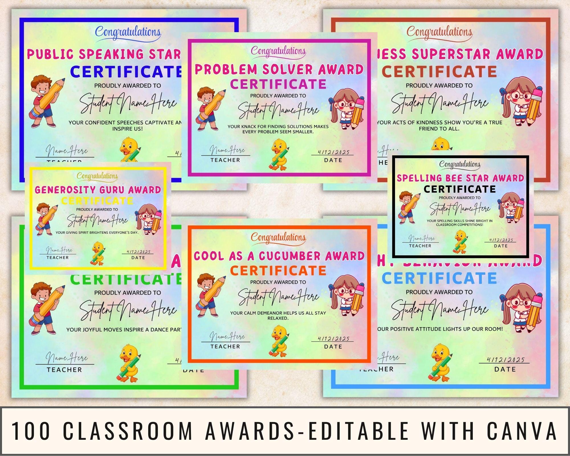 Editable Classroom Awards Certificates, Student Appreciation, Canva ...