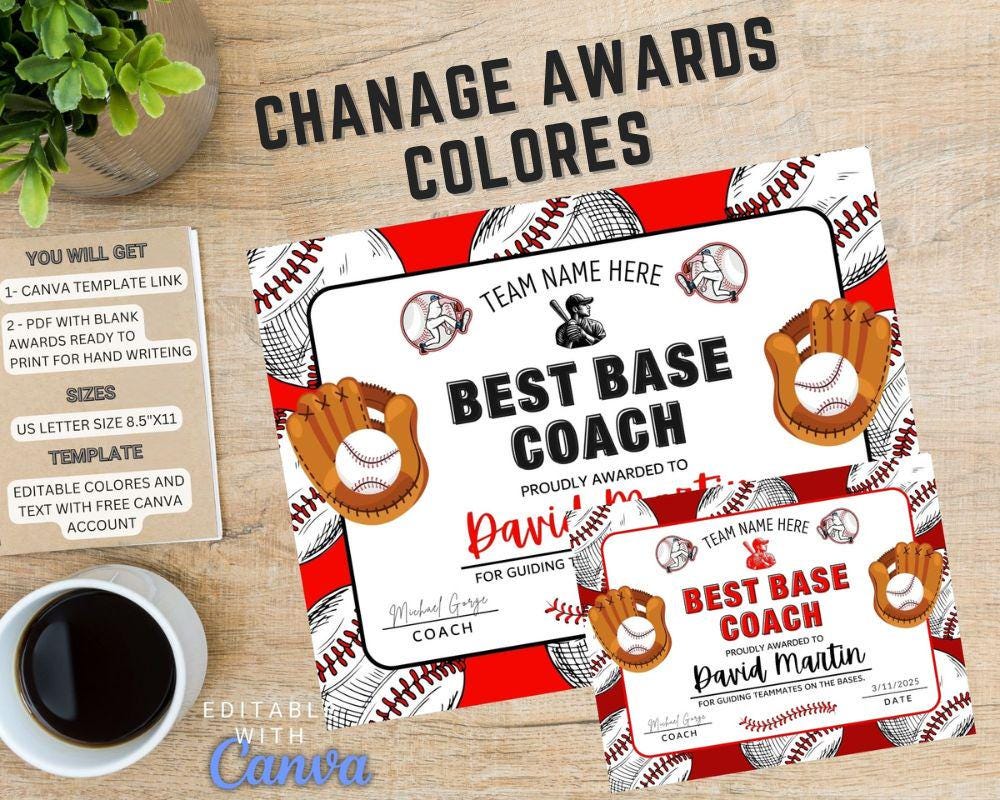 Printable Editable Baseball Awards, Baseball Team Awards, End of Season ...