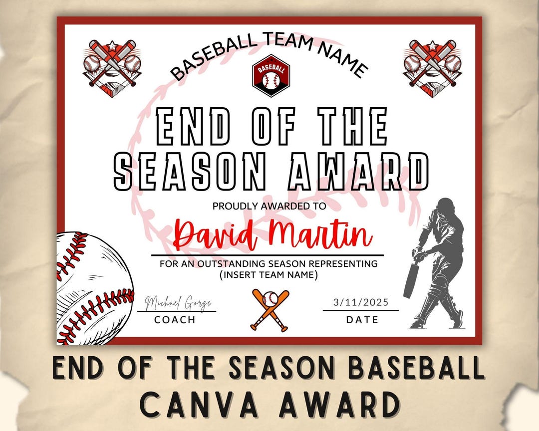 End of Season Baseball Award Certificate | Editable Canva Template ...