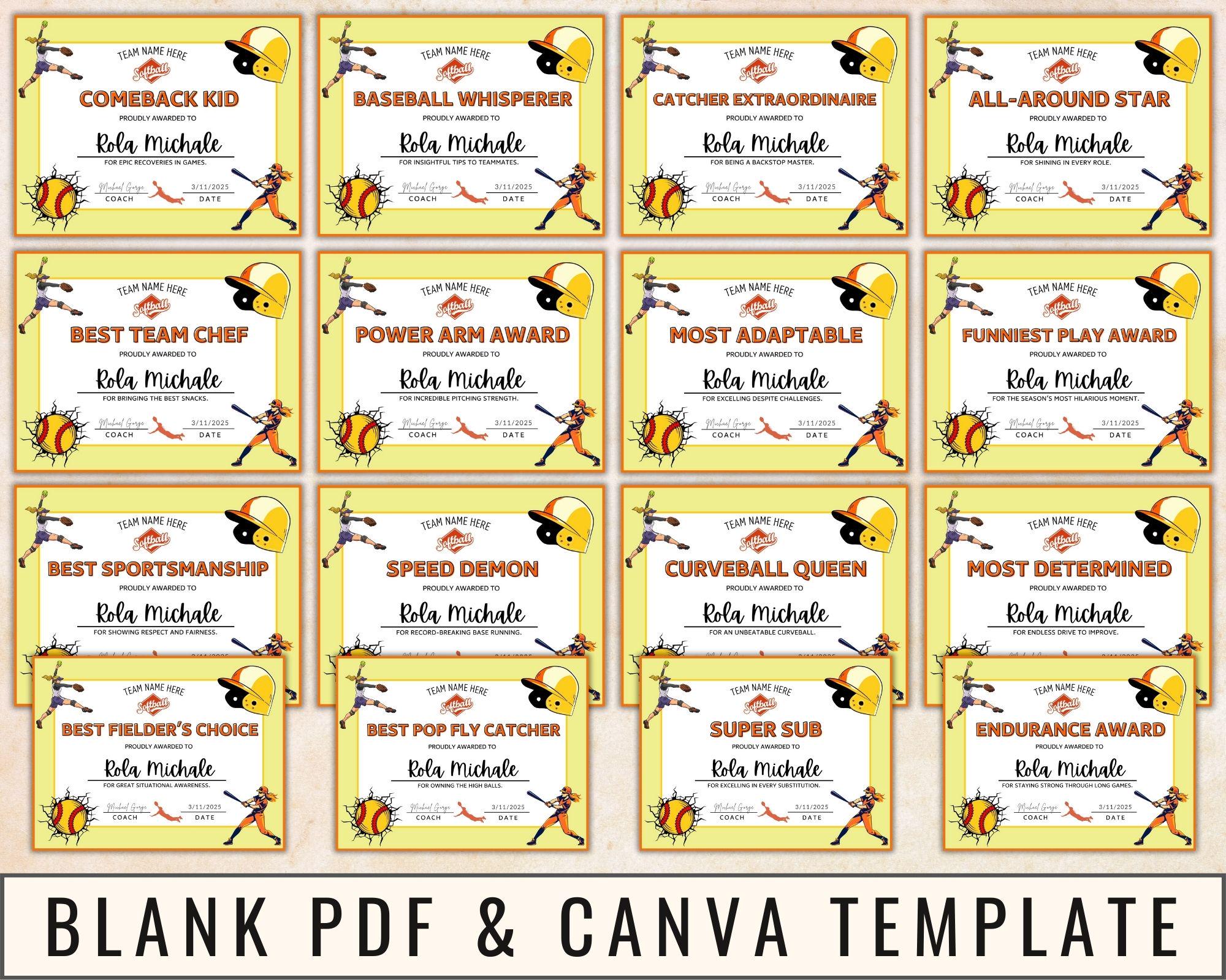 Printable Editable Softball Awards, Softball Team Awards, End of Season ...