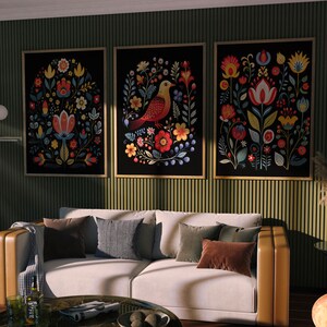 Norwegian Folk Art Floral Bird Print Set of 3, Nordic Wall Art, Bedroom ...