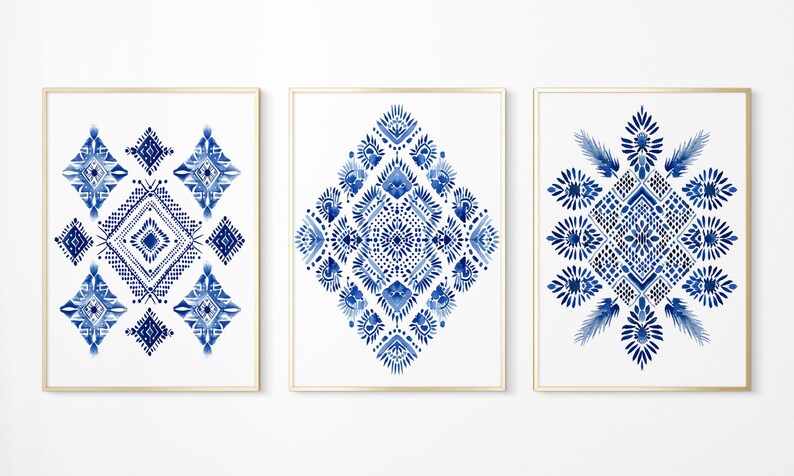 Scandinavian Blue Folk Art Canvas Prints Set of 3, Nordic Wall Art ...