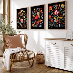 Norwegian Folk Art Floral Bird Print Set of 3, Nordic Wall Art, Bedroom ...