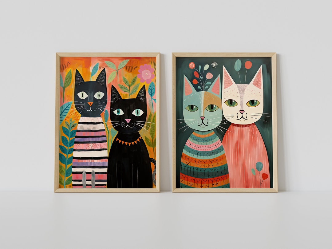 Scandinavian Folk Art Cat Prints - Colorful Cat Wall Art Set of 2 ...