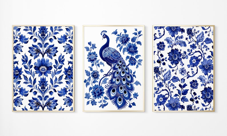 Blue Wall Art Set of 3, Floral Peacock Print, Bedroom Living Room Wall ...