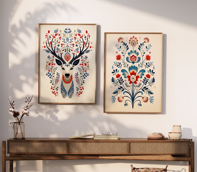 Norwegian Folk Art Floral Deer Print Set of 2, Nordic Wall Art, Bedroom ...