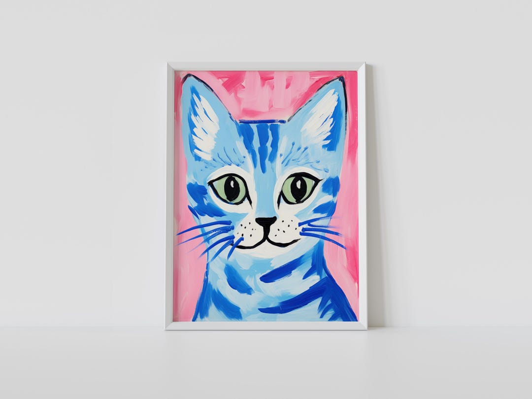 Blue Cat Art Print - Colorful Cat Portrait, Whimsical Feline Wall Art ...