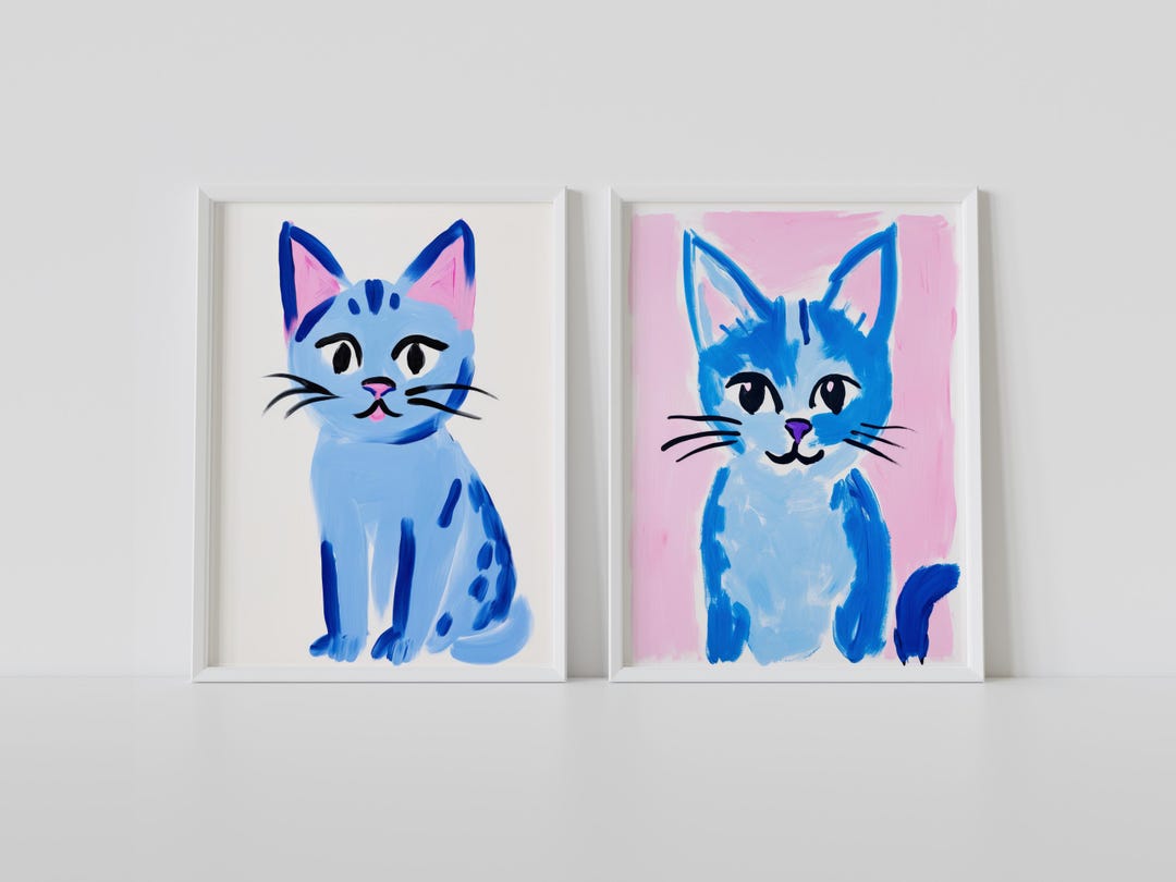 Blue Cat Wall Art Set of 2: Whimsical Colorful Prints for Home Decor - Etsy