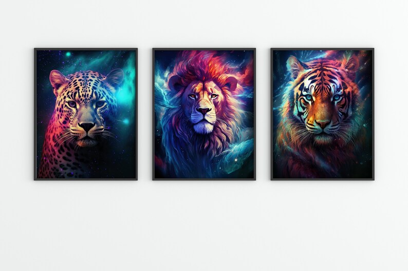 Cosmic Big Cats Lion, Tiger, Leopard Wall Art Set of 3, Wall ART, Home ...