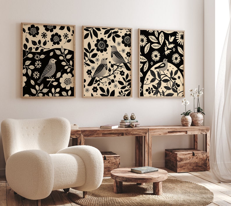 Norwegian Folk Art Floral Bird Print Set of 3, Nordic Wall Art, Bedroom ...