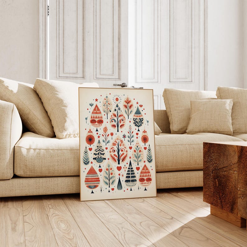 Scandinavian Folk Art Christmas Trees Canvas Wall Art Print, Nordic ...