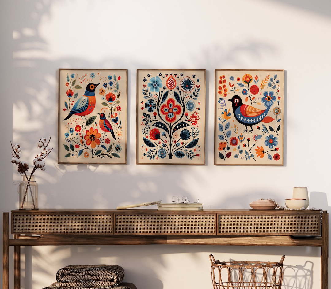 Norwegian Folk Art Floral Bird Print Set of 3, Nordic Wall Art, Bedroom ...