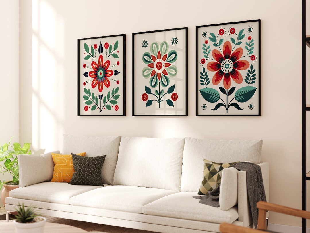 Scandinavian Folk Art Flower Wall Art Set of 3, Nordic Prints, Bedroom ...