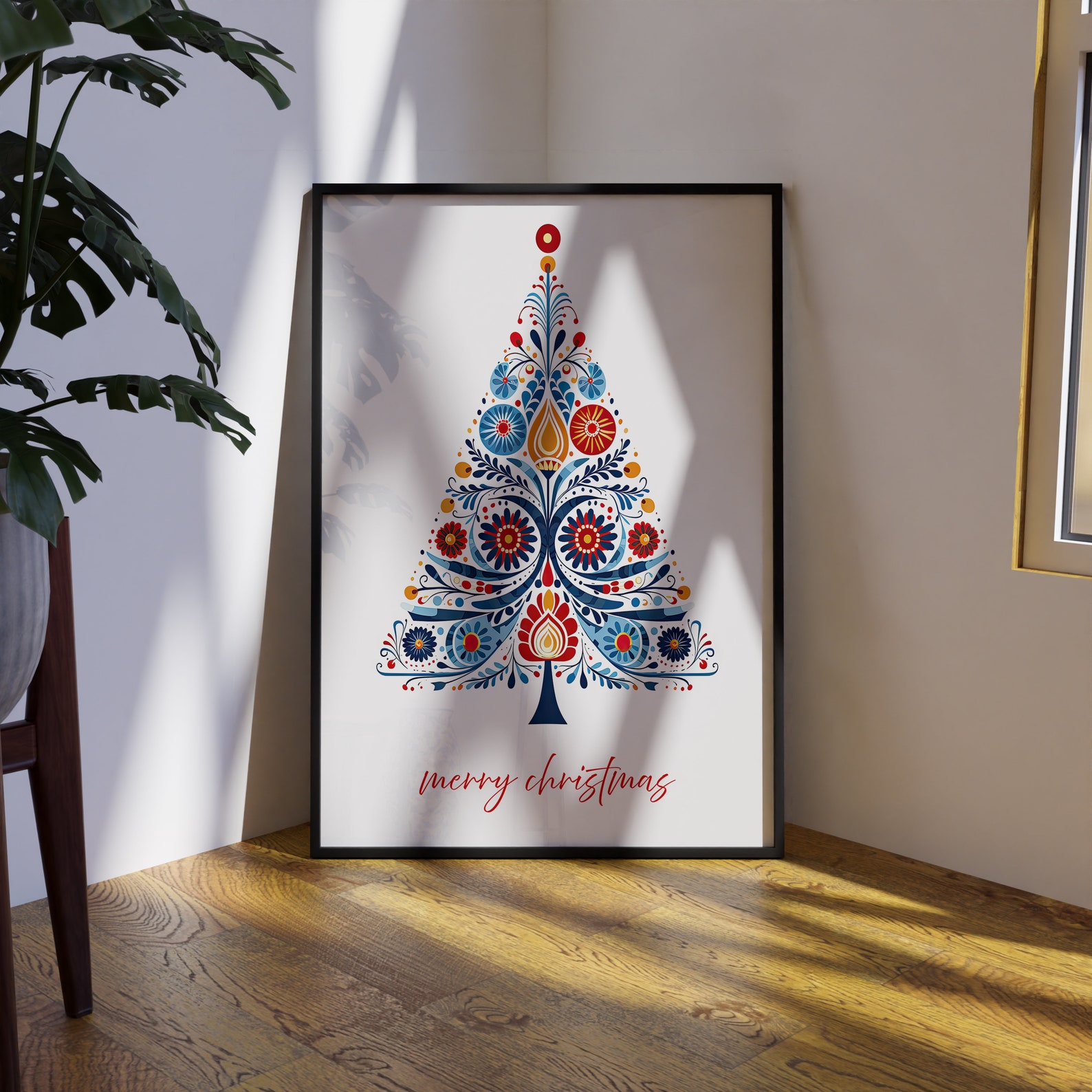 Scandinavian Folk Art Christmas Tree Print, Personalized Nordic Print ...