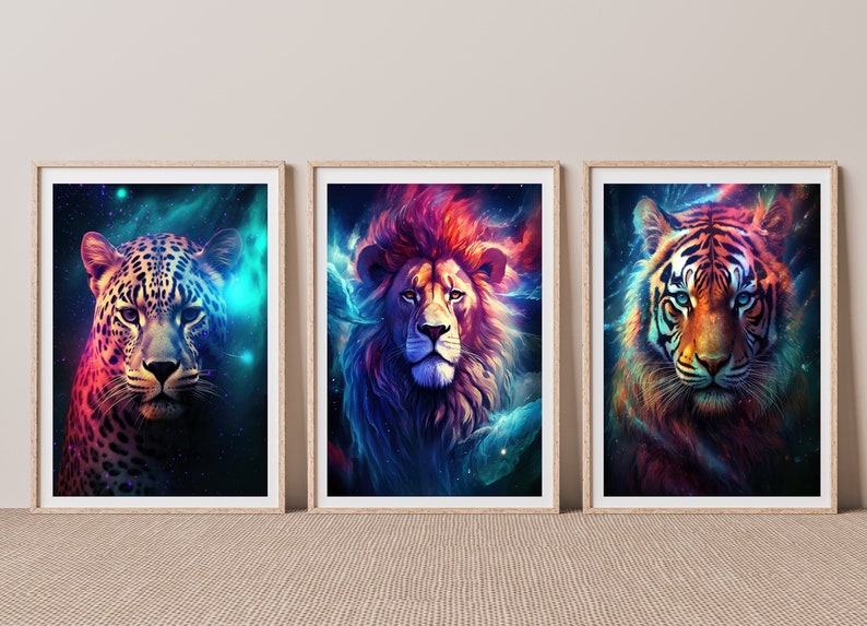 Cosmic Big Cats Lion, Tiger, Leopard Wall Art Set of 3, Wall ART, Home ...