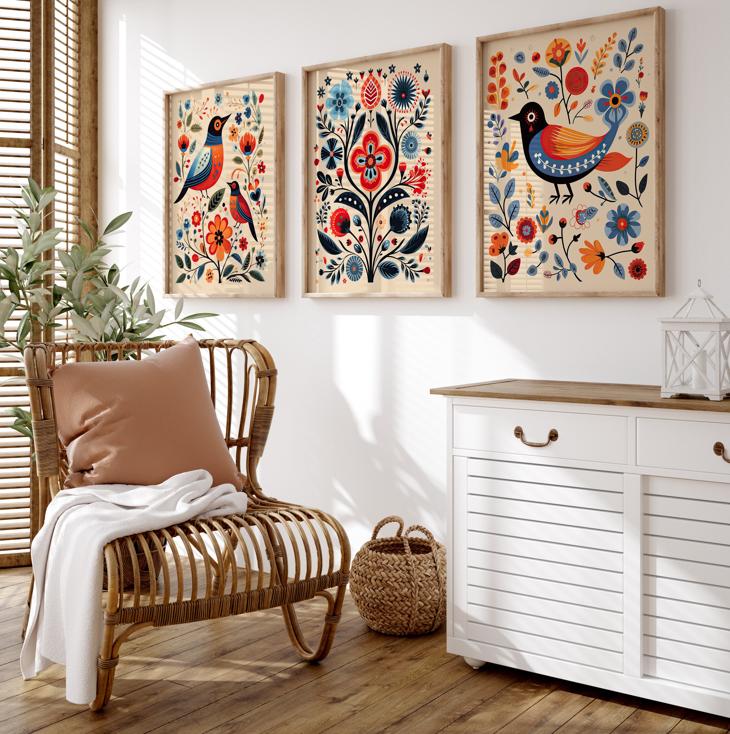 Norwegische Volkskunst Blumenvogeldruck 3er-Set, Nordische Wandkunst ...