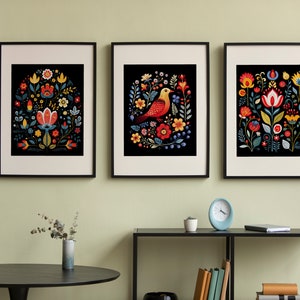Norwegian Folk Art Floral Bird Print Set of 3, Nordic Wall Art, Bedroom ...