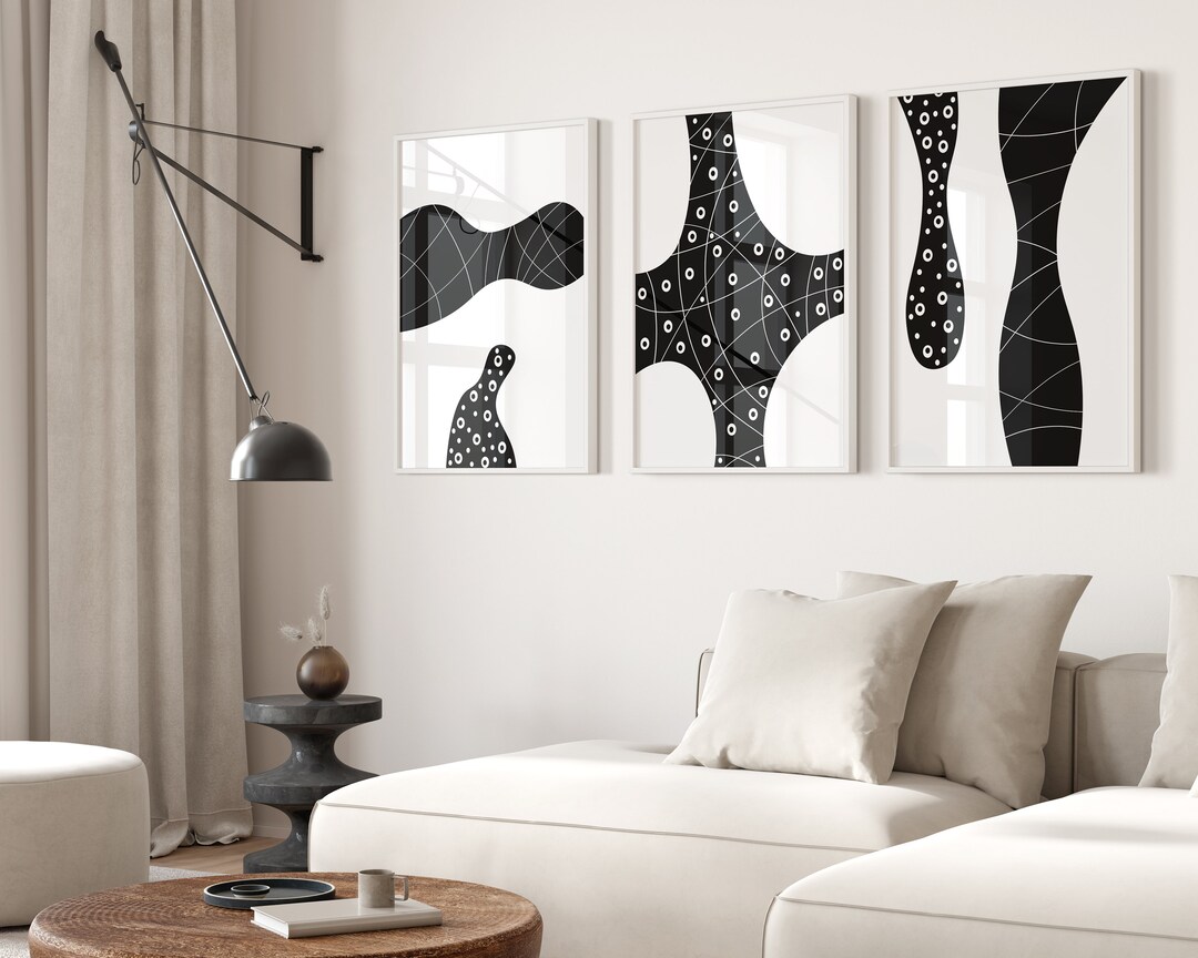 Modern Minimalist Abstract Wall Art Set of 3, Mid Century Prints, Black ...