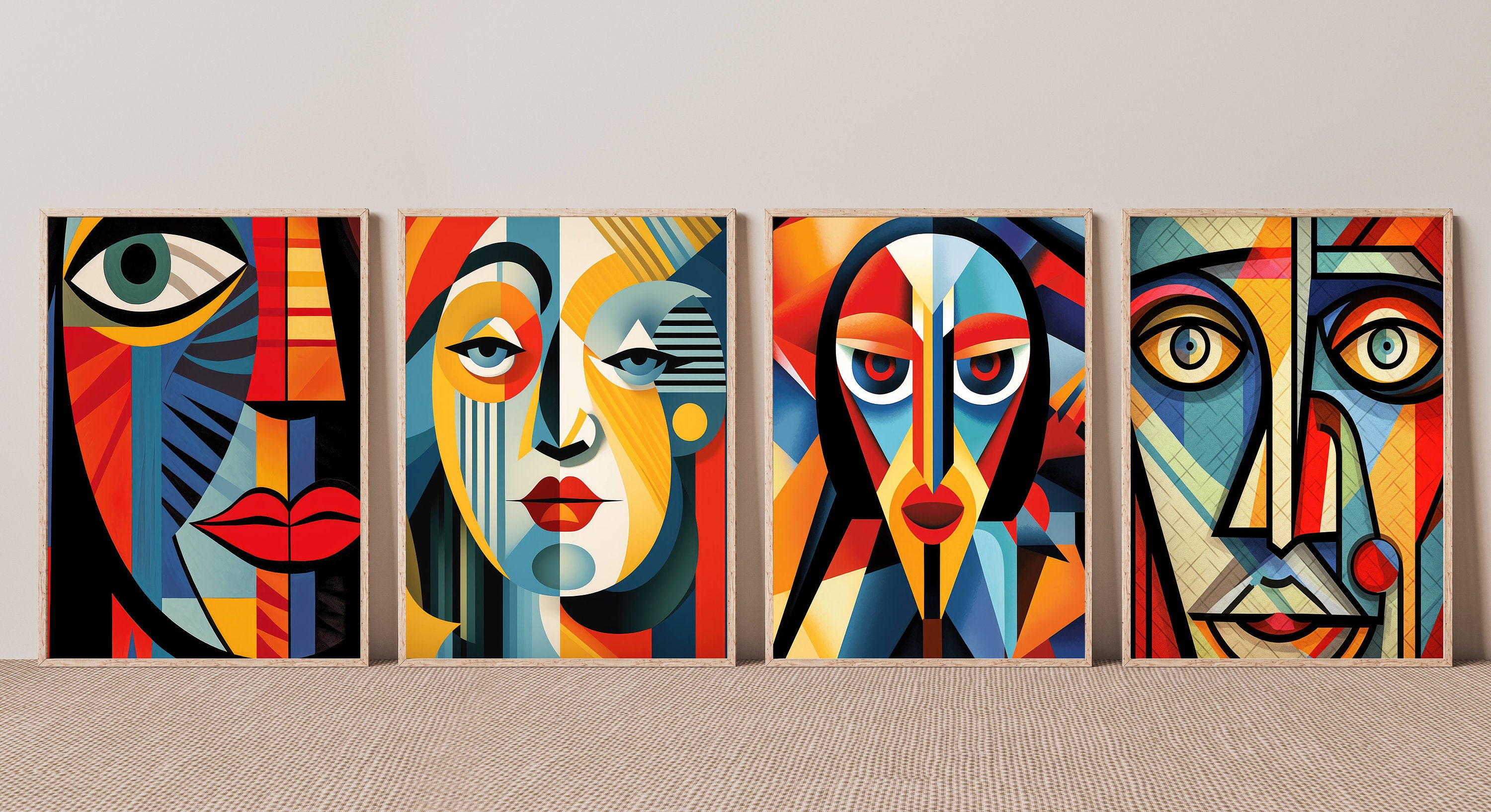 Cubism Wall Art Set of 4, Vibrant Colors, Bedroom Living Room Home ...