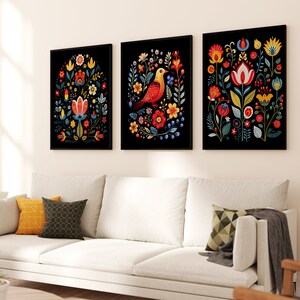 Norwegian Folk Art Floral Bird Print Set of 3, Nordic Wall Art, Bedroom ...