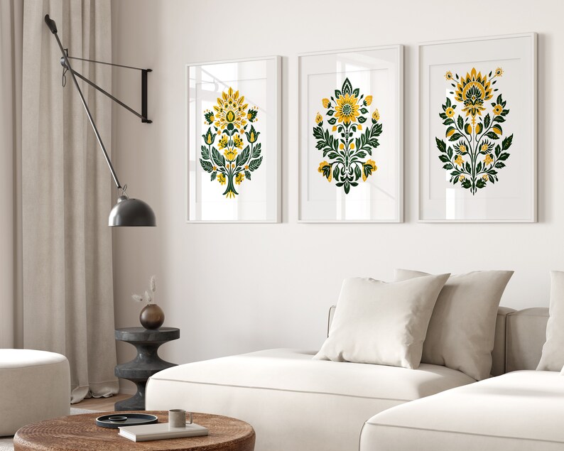 Scandinavian Floral Folk Art Green Yellow Wall Art Set of 3, Nordic ... Scandinavian Floral Folk Art Green Yellow Wall Art Set of 3, Nordic ...