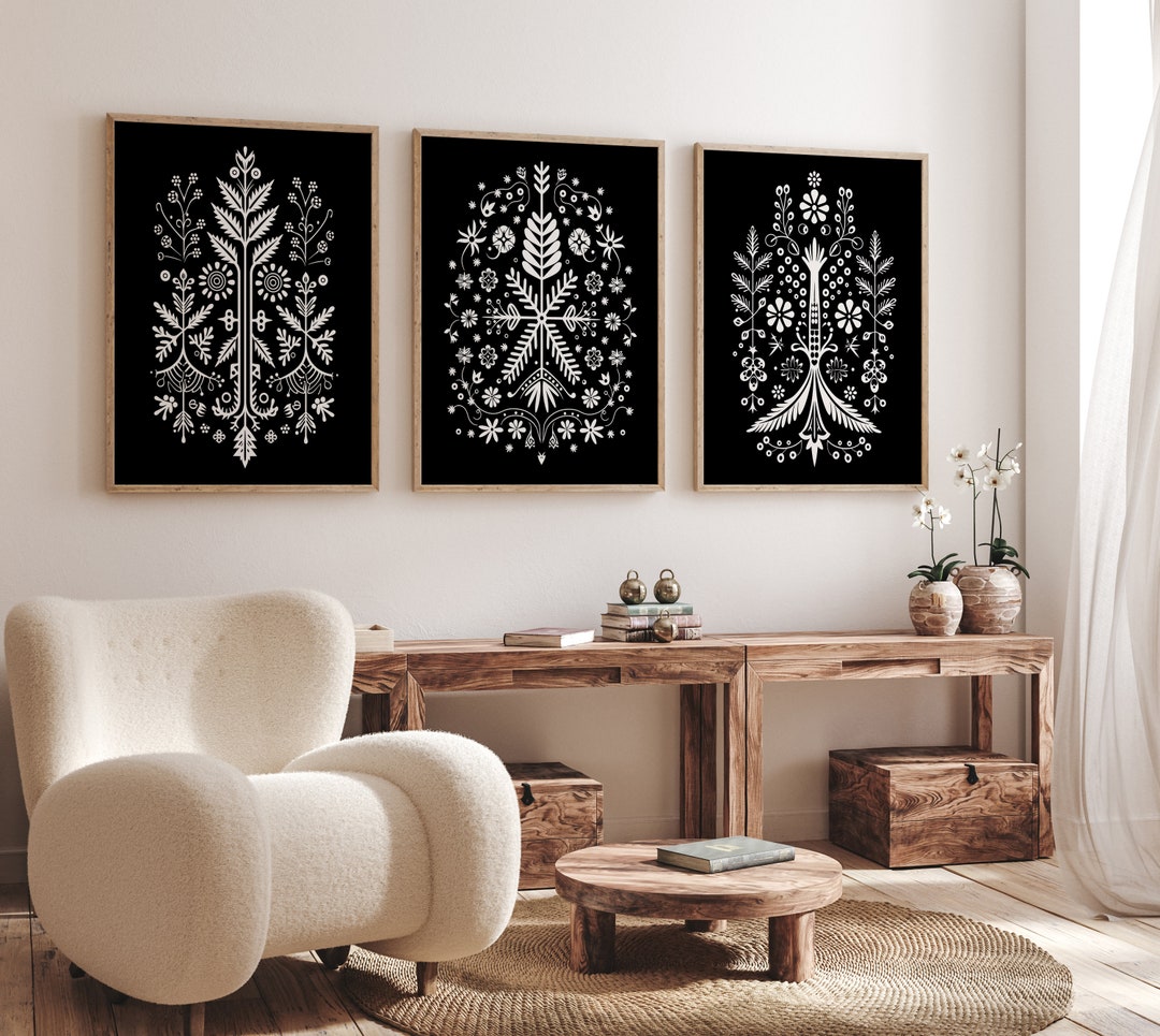 Black & White Scandinavian Folk Art Print Set of 3 - Nordic Wall Art ...