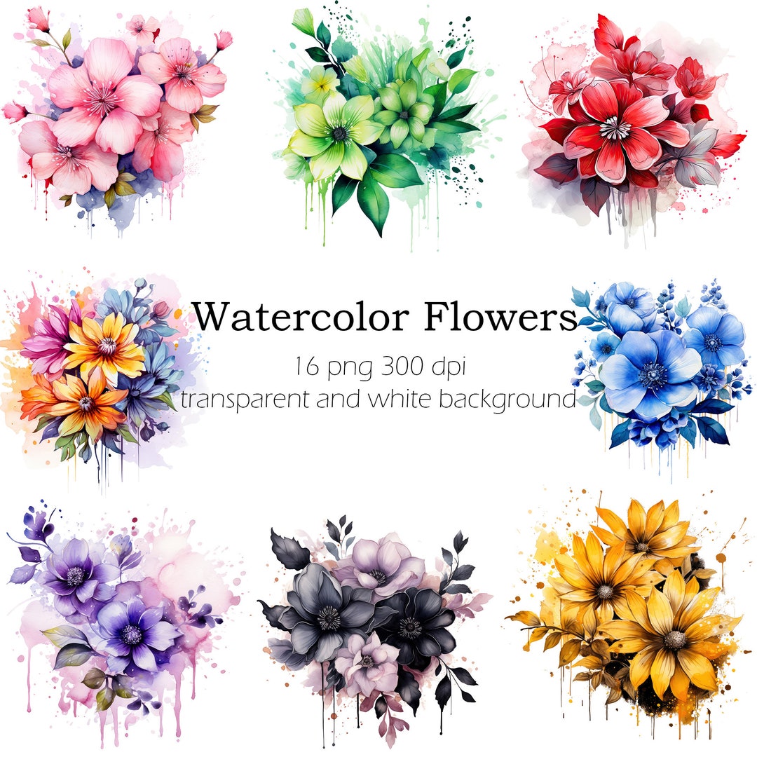 Watercolor Flower Clipart, Vibrant Colors, Clipart, Bedroom Living Room ...