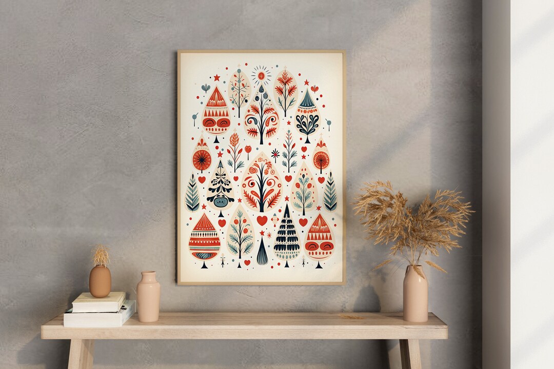 Scandinavian Folk Art Christmas Trees Print, Nordic Prints, Bedroom ...