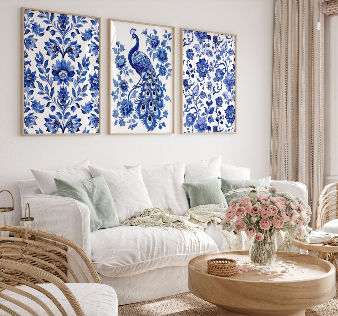 Blue Wall Art Set of 3, Floral Peacock Print, Bedroom Living Room Wall ...