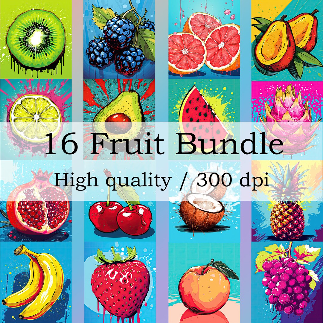 Pop Art Fruit Clipart, Vibrant Colors, Bedroom Living Room Home Decor ...