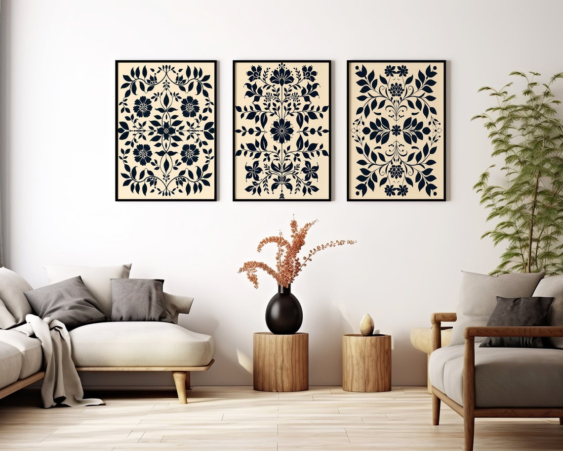 Scandinavian Folk Art Flower Wall Art Set of 3, Nordic Prints, Bedroom ...