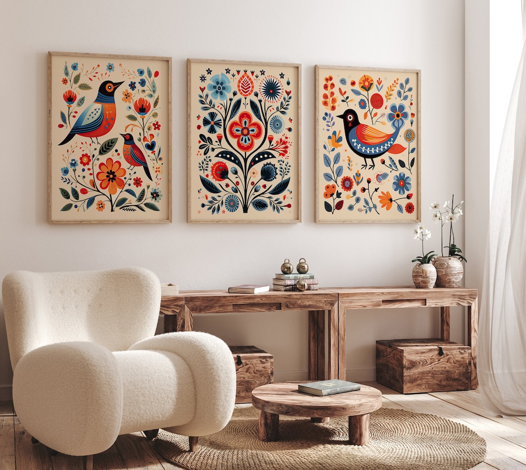 Norwegian Folk Art Floral Bird Print Set of 3, Nordic Wall Art, Bedroom ...