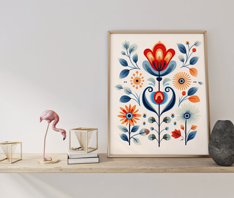 Scandinavian Folk Art Flower Canvas Wall Art Print, Nordic Prints ...