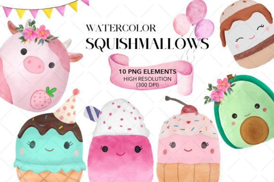 Squishmallows Clipart: Watercolor Birthday Set, Squishmallow Party ...