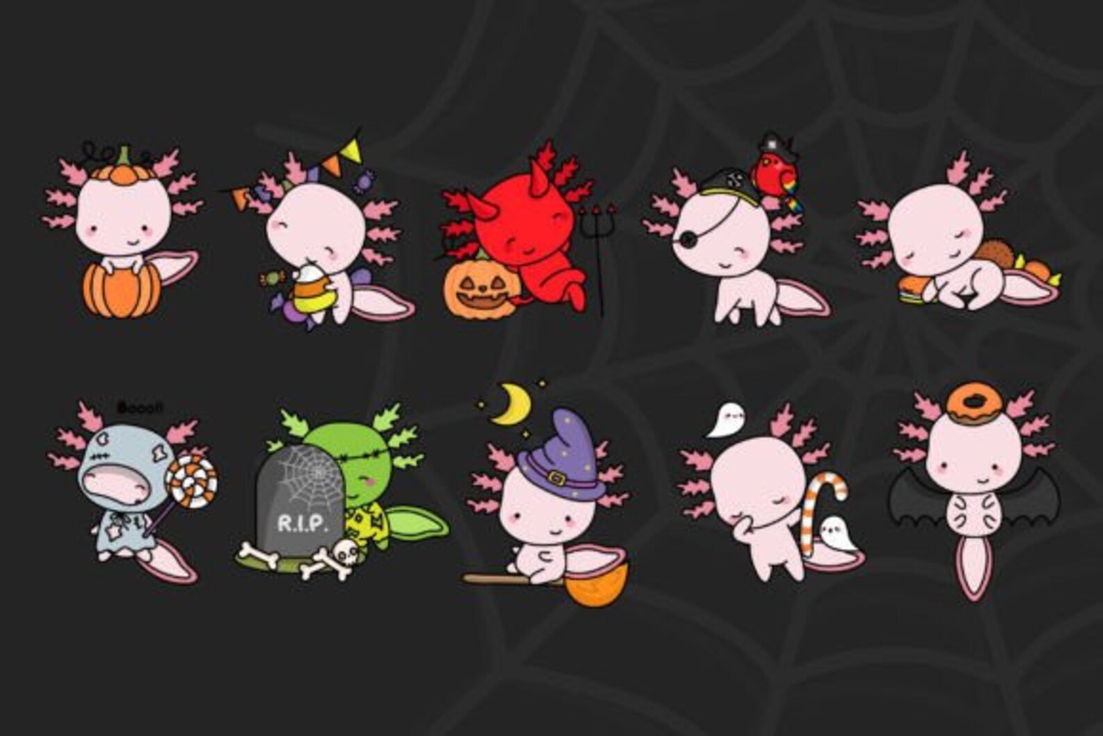 Cute Axolotl Halloween Set: Kawaii Halloween SVG, PNG Stickers & EPS ...