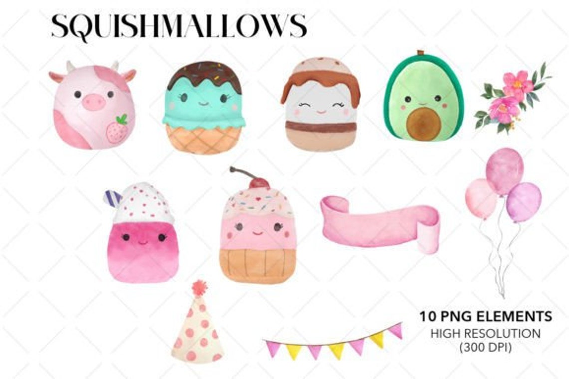 Squishmallows Clipart: Watercolor Birthday Set, Squishmallow Party ...