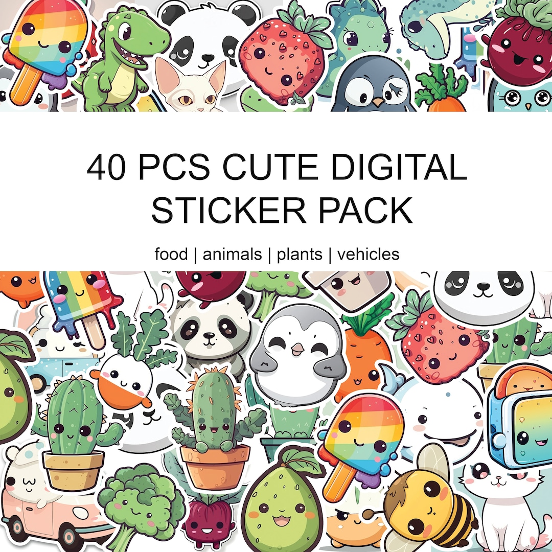 40 Pcs Cute Digital Sticker Pack. Adorable Animals, Plants, Dinosaurs ...