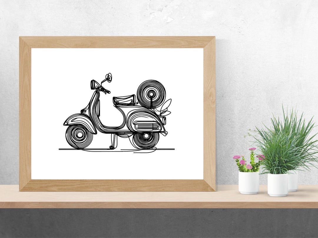 Vespa Line Art Print – Minimalist Scooter Wall Art, Black White Retro ...
