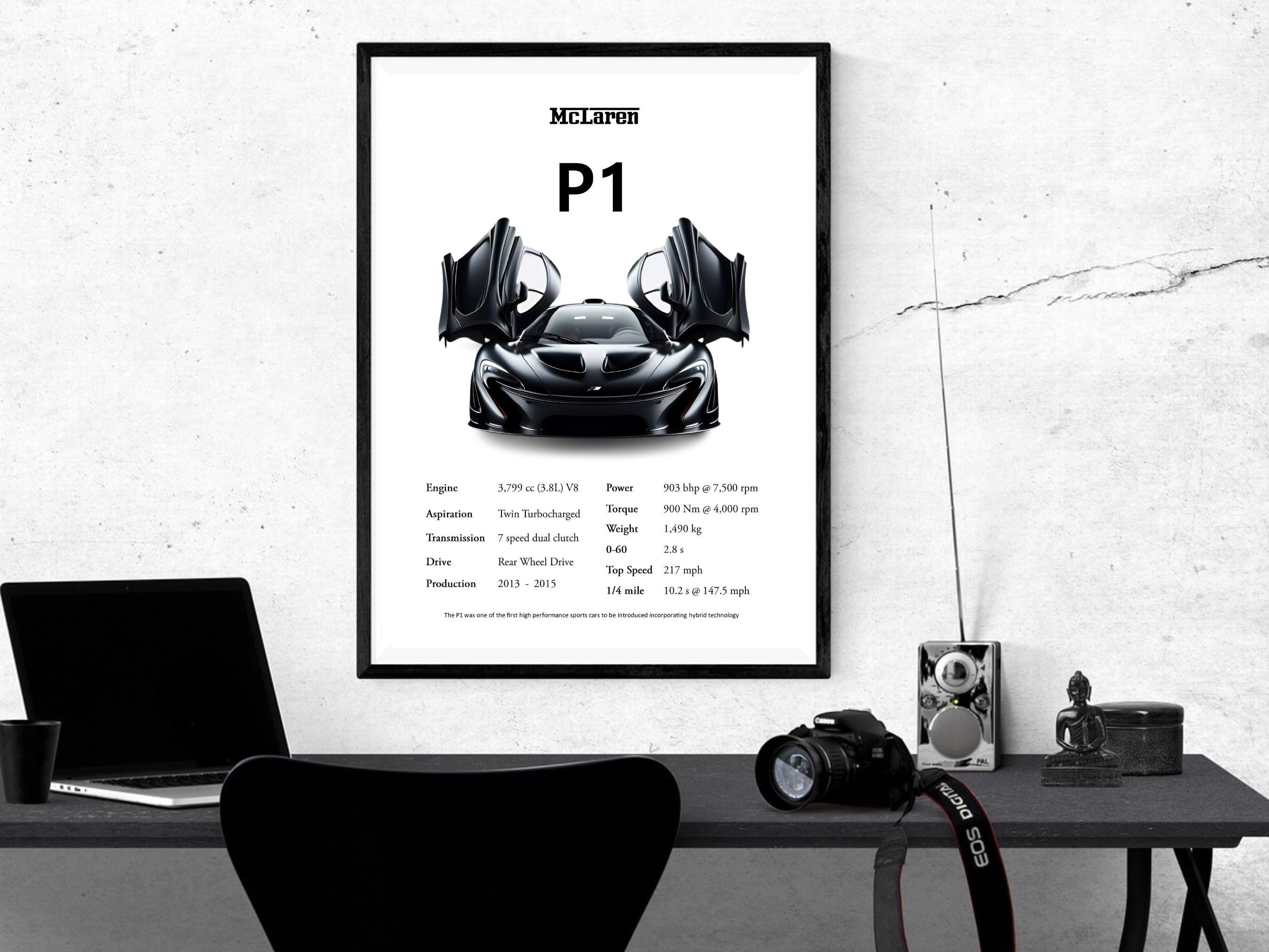 Mclaren P1 Poster – Black Hypercar Print With Performance Stats, Framed ...