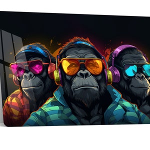Monkey Print on Metal, 3 Gorillas Wall Decor, Funny Comics Metal Canvas ...