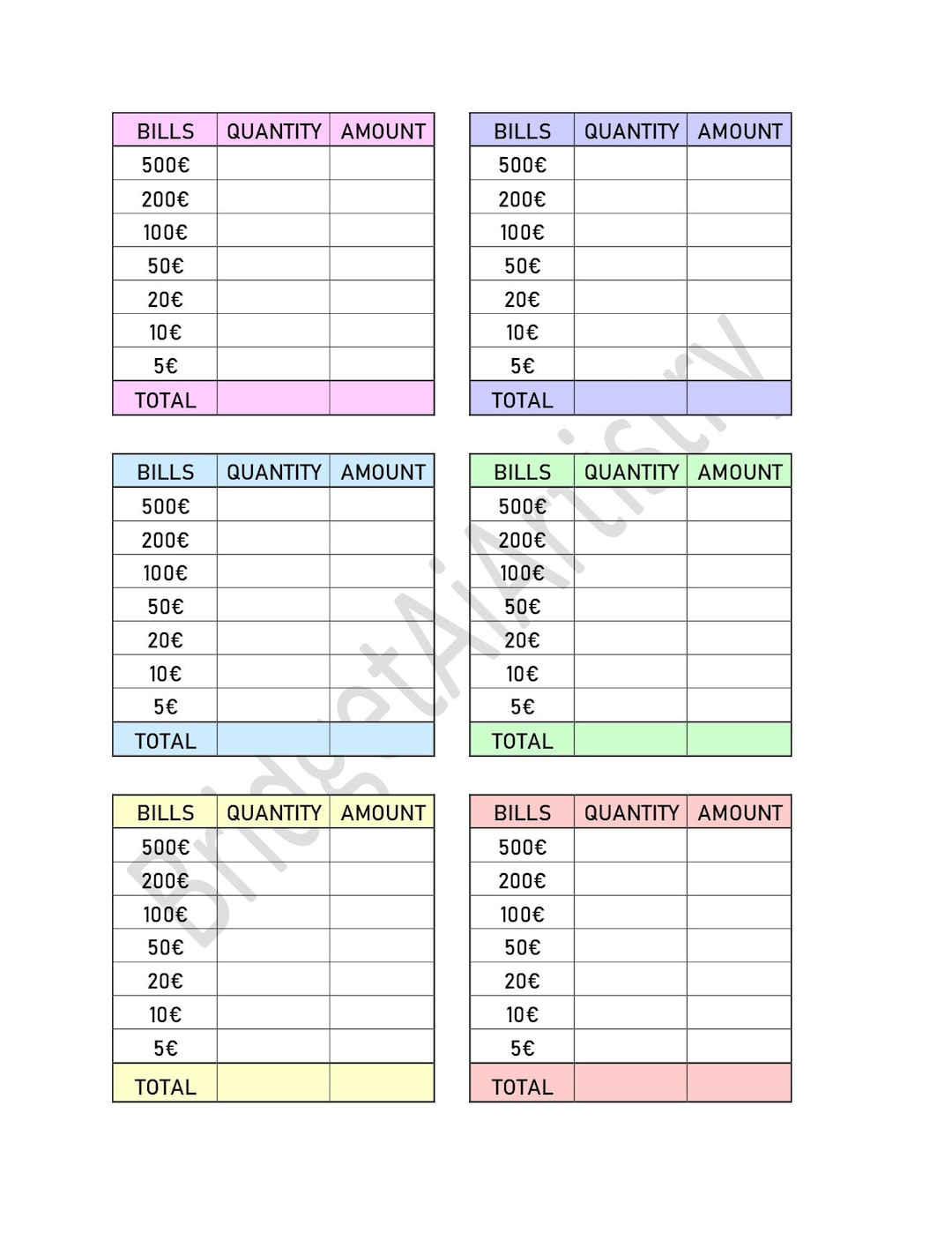 Printable PDF Cash Breakdown Slip | Teller Slip for EURO Cash Budgeting ...