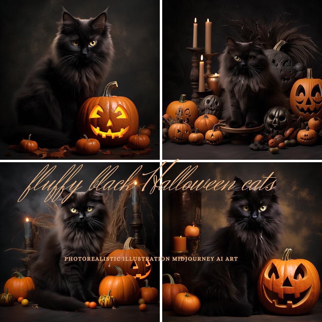 PNG Set of 4 Black Fluffy Halloween Cats | High Quality ...